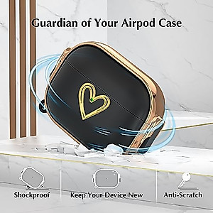 Aiiko Airpod Pro 2nd/1st Generation Case with Lock, AirPods Pro Case with Keychain Golden Heart Pattern Shockproof Protective Cover for Girls Women Compatible Apple Airpods Pro 2 / Pro 1 Gen-Black