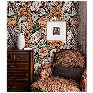 HAOKHOME 93191 Vintage Peel and Stick Floral Wallpaper Removable Large Peony Black/Orange/Pink Vinyl Self Adhesive Mural 17.7in x 9.8ft