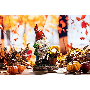 TERESA'S COLLECTIONS Sunflower Garden Gnomes Decorations for Yard with Solar Lights, Large Cute Garden Sculptures & Statues Outdoor Gnome Gifts for Front Porch Patio Lawn Ornaments, 11.4"