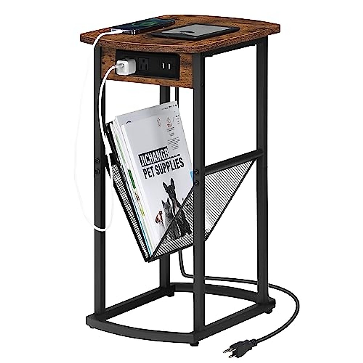 Hzuaneri Side Table with Charging Station, End Table with V-Mesh Magazine Holder, Industrial Record Player Stand with CD Album Storage Shelf, Rustic Brown and Black ET05401B