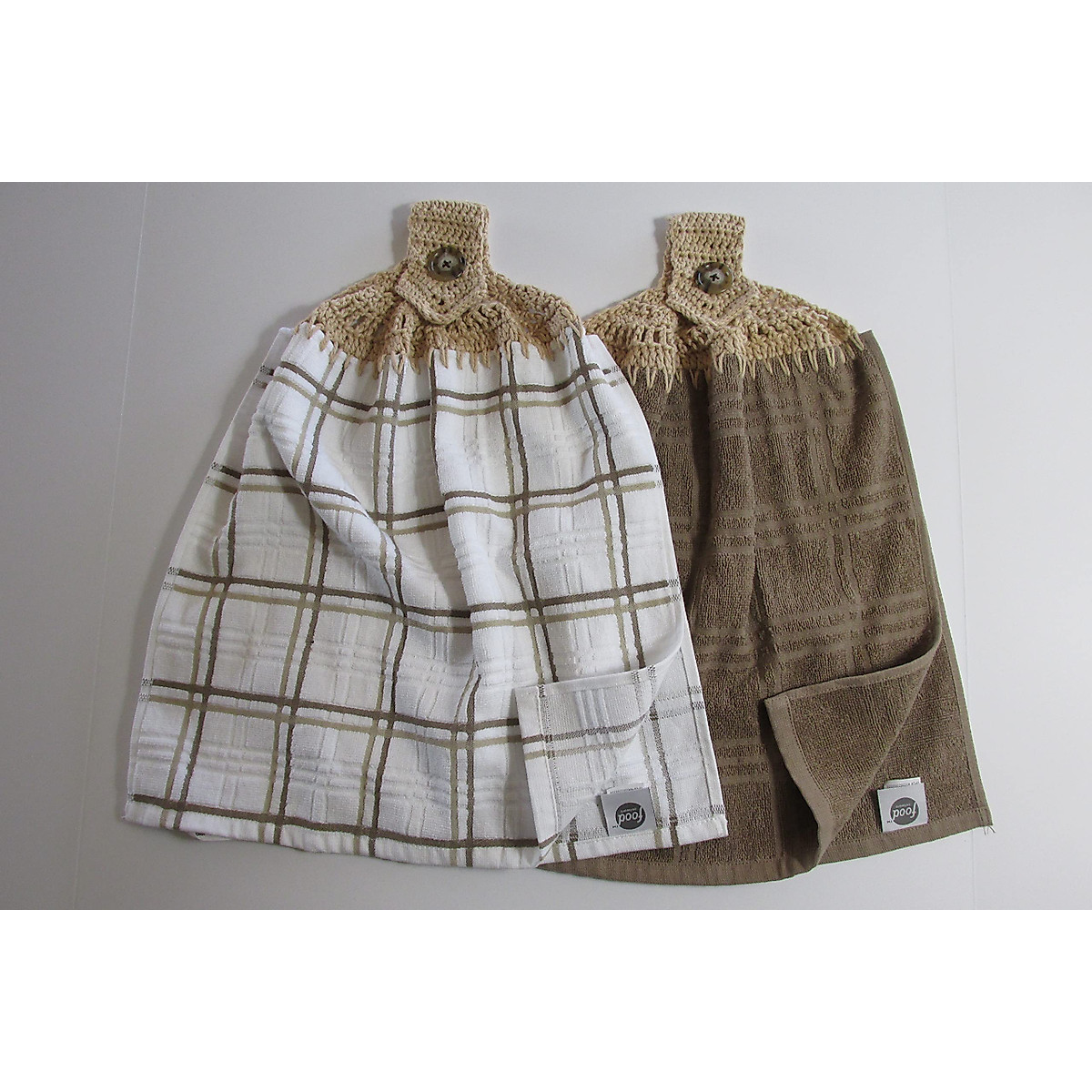 Set of 2 Tan Double Thickness Kitchen Towels - Hanging Towels - Light Brown & White Plaid Design with Cream Cotton Crochet Top - Moms Gift - Best Quality Towels