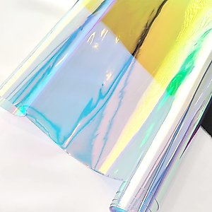 12x53 Inch Iridescent Blue PVC Vinyl Holographic Clear Synthetic Fabric Transparent Laser Rainbow for DIY Patchwork Bags Bows Jewlery Making (XHT-299-L)