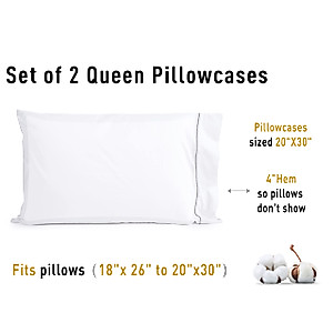 Sunflower Pillow Cases Queen Set of 2, 100% Cotton Queen Pillowcases, 20×30 inches with Silver Trim, Soft and Breathable, White