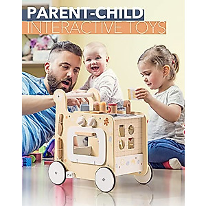 ROBOTIME Baby Push Walker Wooden Strollers,4 in 1 Multiple Activities Center Learning Activity Walker Toys, Suitable for Toddlers Kid 12Mos+ with Bakery Kitchen,Shape Sorter and Movable Slider
