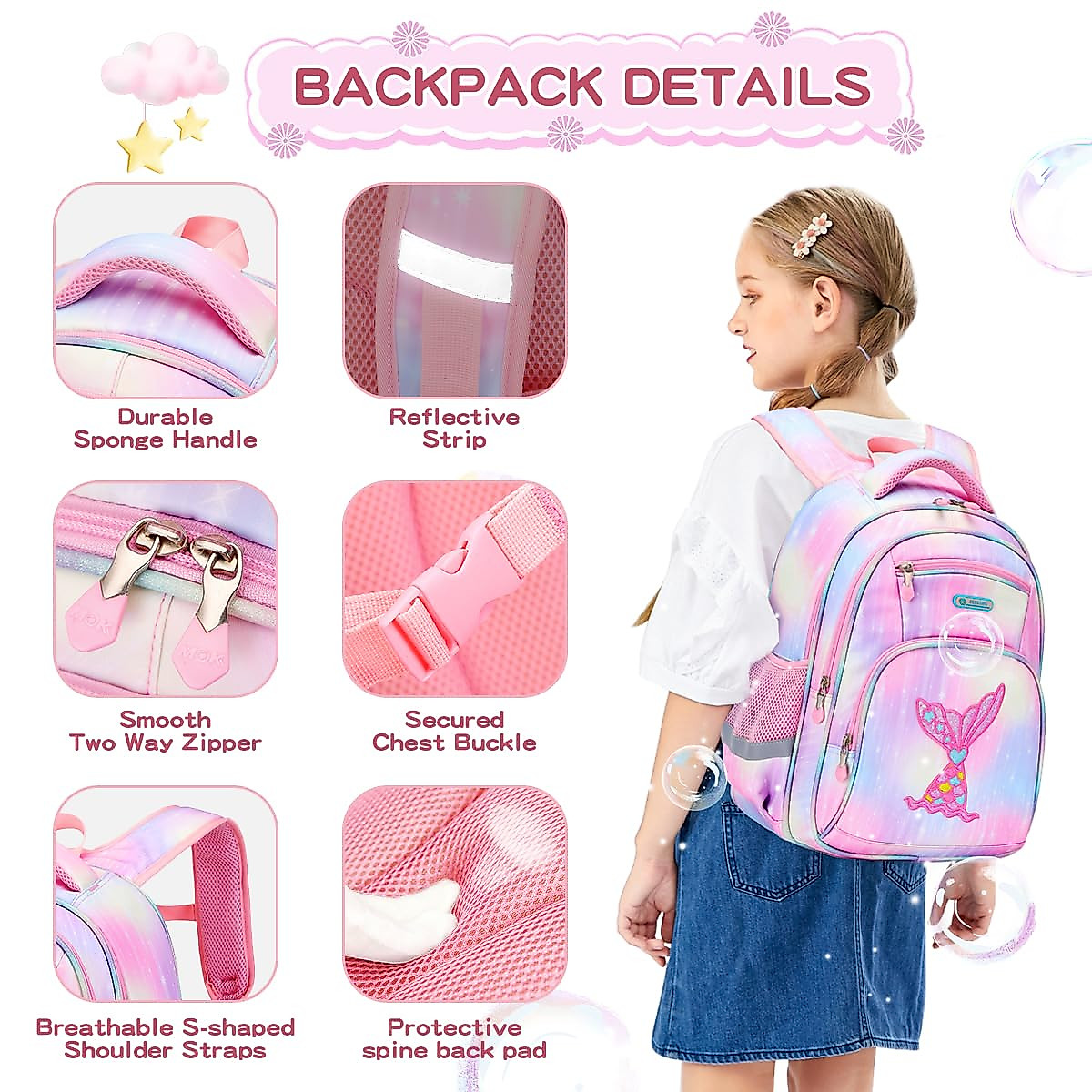 Kids Backpack for Girls Preschool Elementary Kindergarten Mermaid School Bag 15.6″ Multifunctional Cute Large Capacity