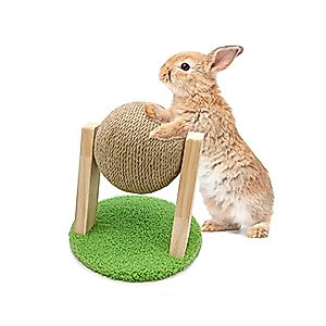 BNOSDM Rabbit Scratch Toy Natural Sisal Wood Rabbit Scratching Ball Toy Bunny Scratcher with Ball for Indoor Rabbits Bunnies Kittens Ferrets Chinchillas Small Animals (Small)