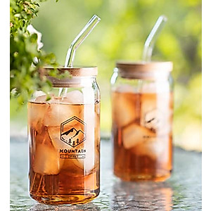 Mountain Drinks Drinking Glasses - 2 Pack Strong Borosilicate Libby Glasses - Bamboo Lids, Glass Straws - 16oz Can Shaped Glass for Beer, Iced Coffee, Water, or Gifts