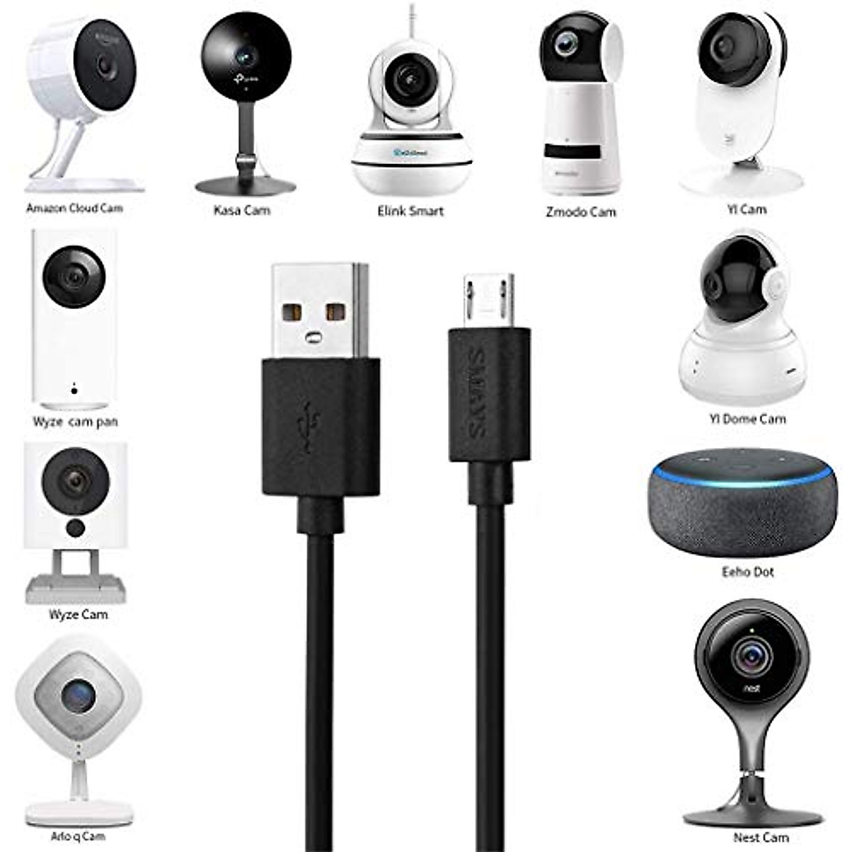 Smays 25ft Micro USB Cable Compatible for Wyze Cam, Nest Cam, Yi Home Camera, Long Extension Power Cord (Black)