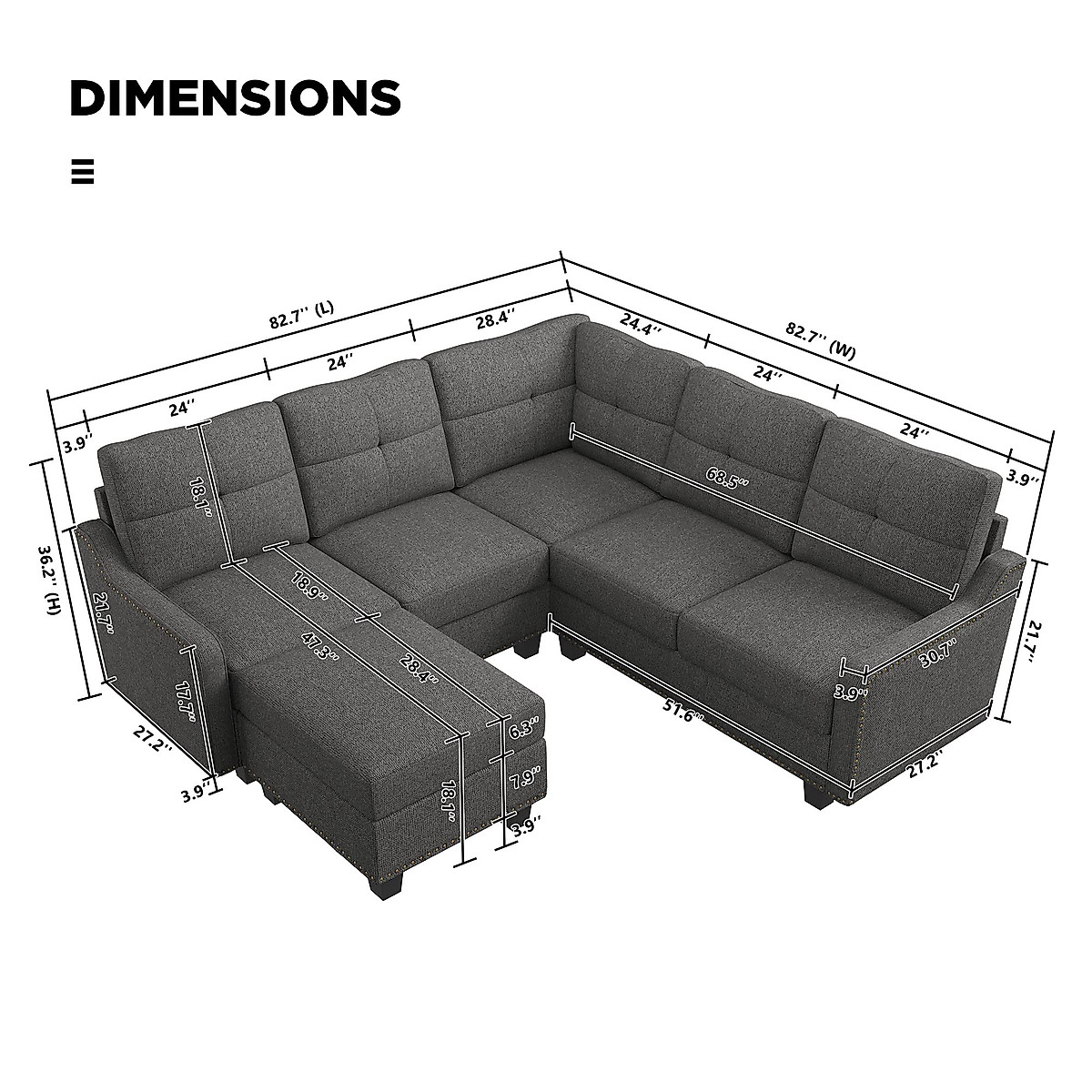 HONBAY Convertible Sectional Sofa with Storage Ottoman L Shaped Couch for Small Apartment Reversible Sectional Sofa for Living Room,Dark Grey