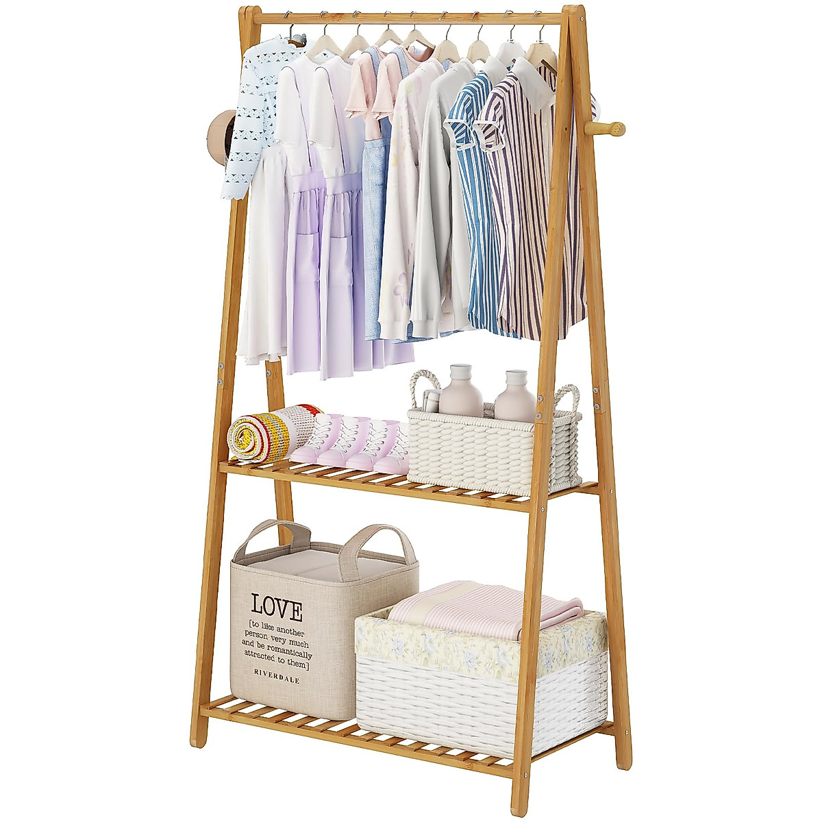 COOGOU Kids Clothing Rack for Hanging Clothes Portable Clothes Rack Wooden Drying Rack Clothing Standing Bamboo Garment Rack with Shelves Laundry Rack for Drying Clothes Indoor