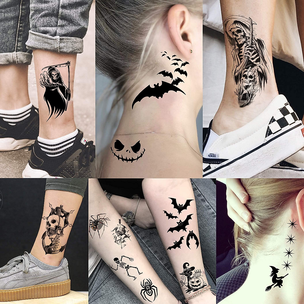 Shegazzi 52 Sheets Halloween Temporary Tattoos For Kids Boys Girls Women Men, 3D Scary Skull Skeleton Fake Tattoos Sticker For Adults, Small Ghost Vampire Bat Pumpkin Spider Temp Transfer Tatoos Devil