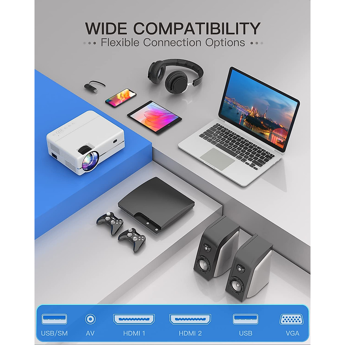 Projector, ROVOMKO Projector with WiFi and Bluetooth 4K Support, 13000 Lumens,2.4G&5G Two-Channel WiFi, Max Display 350", Home Projector Compatible w/iOS/Android/Win/PS5,Carry Bag Included