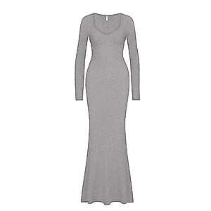 REORIA Women's Sexy Casual V Neck Long Sleeve Lounge Long Dress Elegant Fall Wedding Guest Tight Ribbed Bodycon Maxi Dresses Light Grey Small
