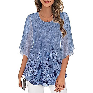 Ninedaily Business Casual Blouses for Women,Office Professional Outfits Tops Young Women Summer 3/4 Sleeve Tunic Layering Two Piece Sets Wear With Dressy Pants Work Clothing Fall Shirts Blue Size L