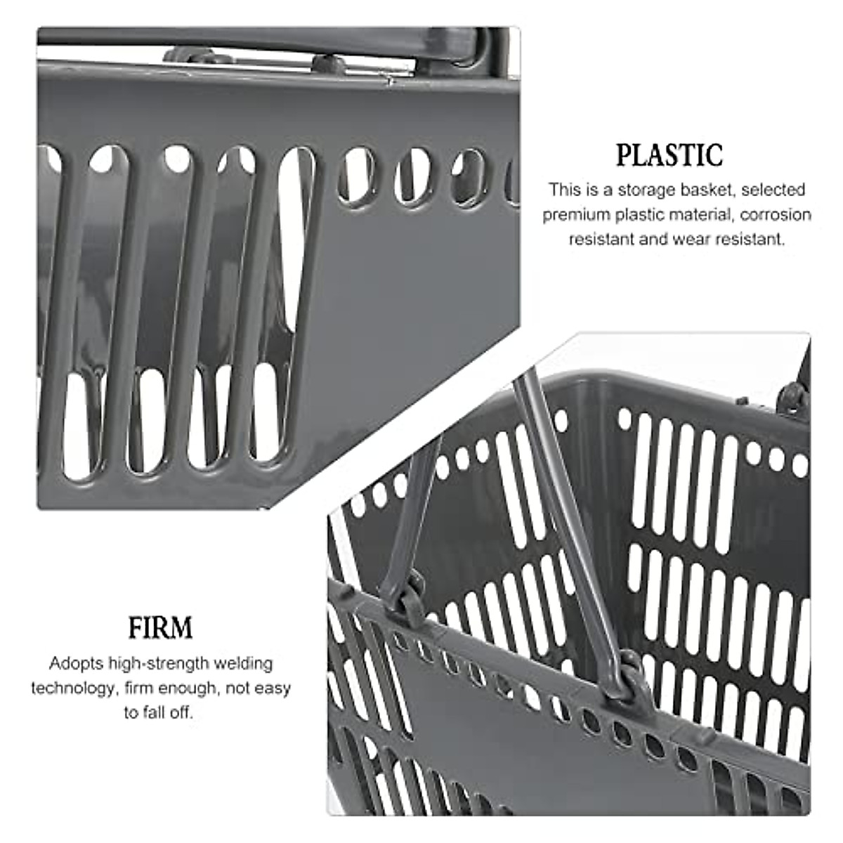 ULTECHNOVO Shopping Basket, 20L Gray Plastic Shopping Basket with Handles Market Grocery Retail Store Supplies Handheld Basket