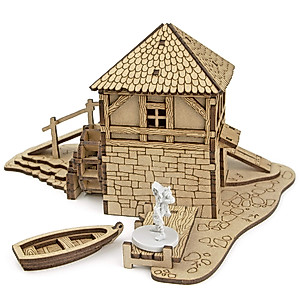 TowerRex Wooden Laser Cut Watermill DND Terrain Buildings - DND Accessories for Dungeons & Dragons, Pathfinder, Warhammer, Tabletop Battle map, Wargaming Terrain, RPG Scenery for 32mm, 28mm miniatures