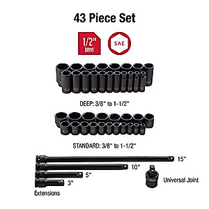 Sunex 2568, 1/2 Inch Drive Master Impact Socket Set, 43-Piece, SAE, 3/8 Inch - 1-1/2 Inch, Standard/Deep, Cr-Mo Alloy Steel, Radius Corner Design, Dual Size Markings, Heavy Duty Storage Case