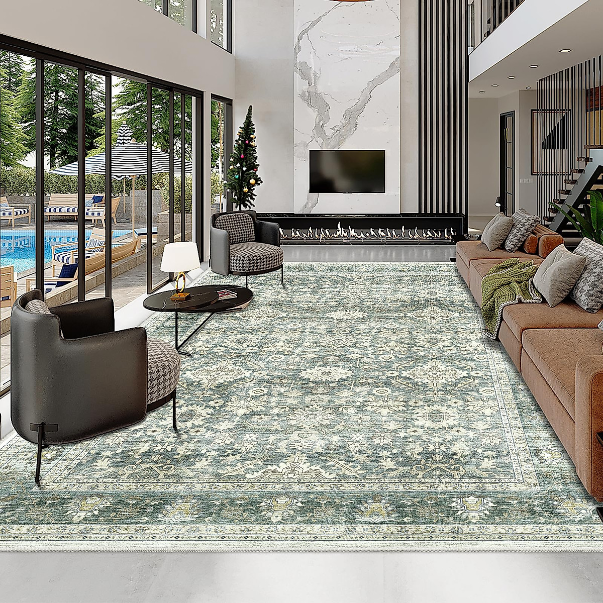 HOMFINE Machine Washable Rug 5'x7' - Vintage Design Area Rugs with Non Slip Rugs for Living Room Bedroom Floral Print Rug Carpet Stain Resistant, Home Decor Office Area Rug, Green