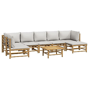 vidaXL 8-Piece Bamboo Outdoor Patio Lounge Set with Light Gray Cushions - Modular Design, Comfortable Seat Experience, Practical Table