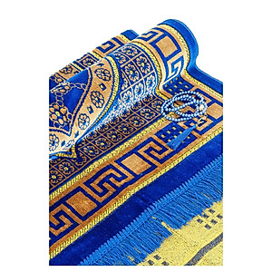 Luxury Velvet Muslim Prayer Rug with Prayer Beads | Janamaz | Sajadah | Soft Islamic Prayer Rug | Islamic Gifts | Prayer Carpet Mat, Velvet Fabric, Navy Blue