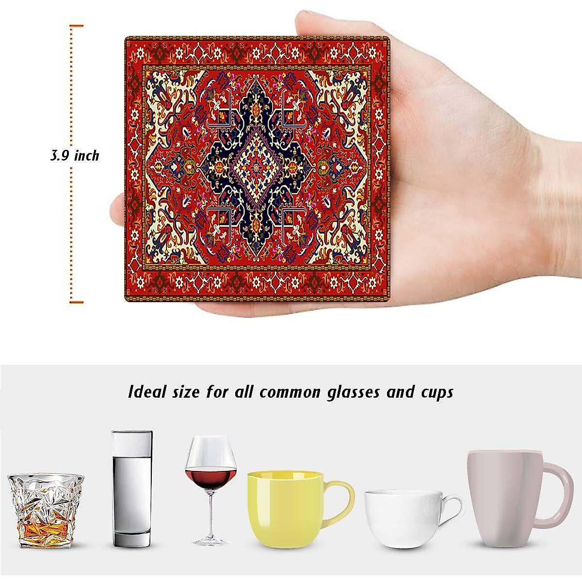 Bribay Coasters for Drinks Set of 6, Tribal Turkish Geometric Pattern Absorbent Square Ceramic Stone Mat, with Cork Base and Metal Holder, Gift for Housewarming Room Bar Decor