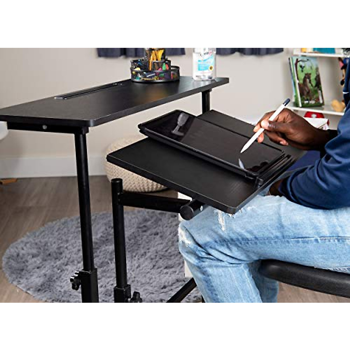 Mind Reader Woodland Collection, Mobile Sit/Stand Laptop Desk with Side Storag Adjustable, Tiltable, Lockable Casters, Portable, X-Large, Black