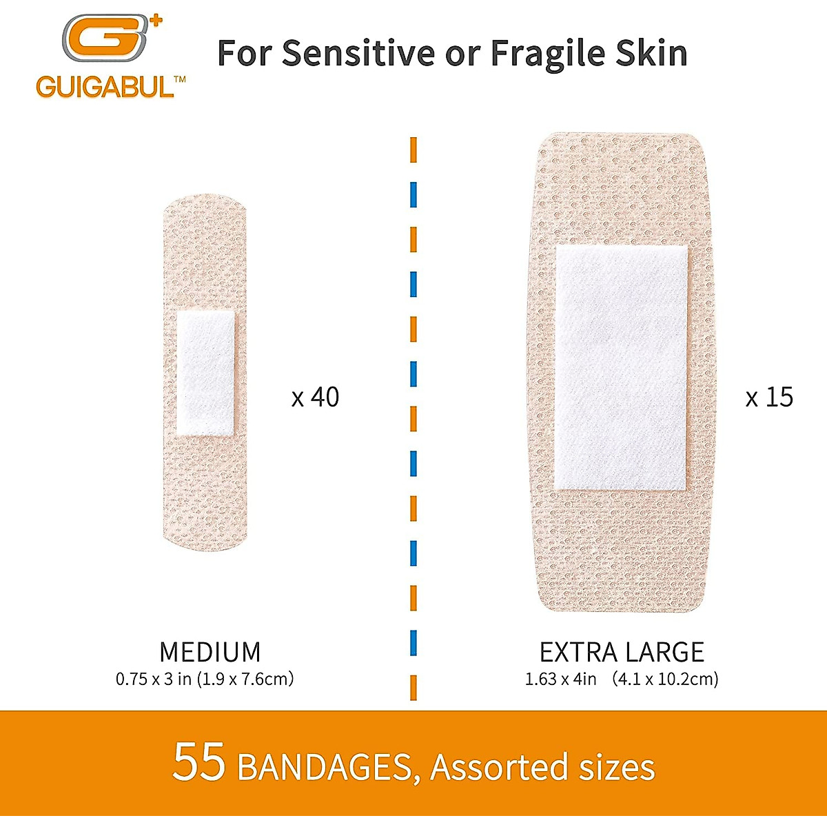 Painless Removal Silicone Bandages for Elderly Sensitive Skin - 40 Counts 0.75''x3'' Medium and 15 Counts 1.63''x4'' Extra Large Bandages by G+ GUIGABUL - Hypoallergenic - Latex Free