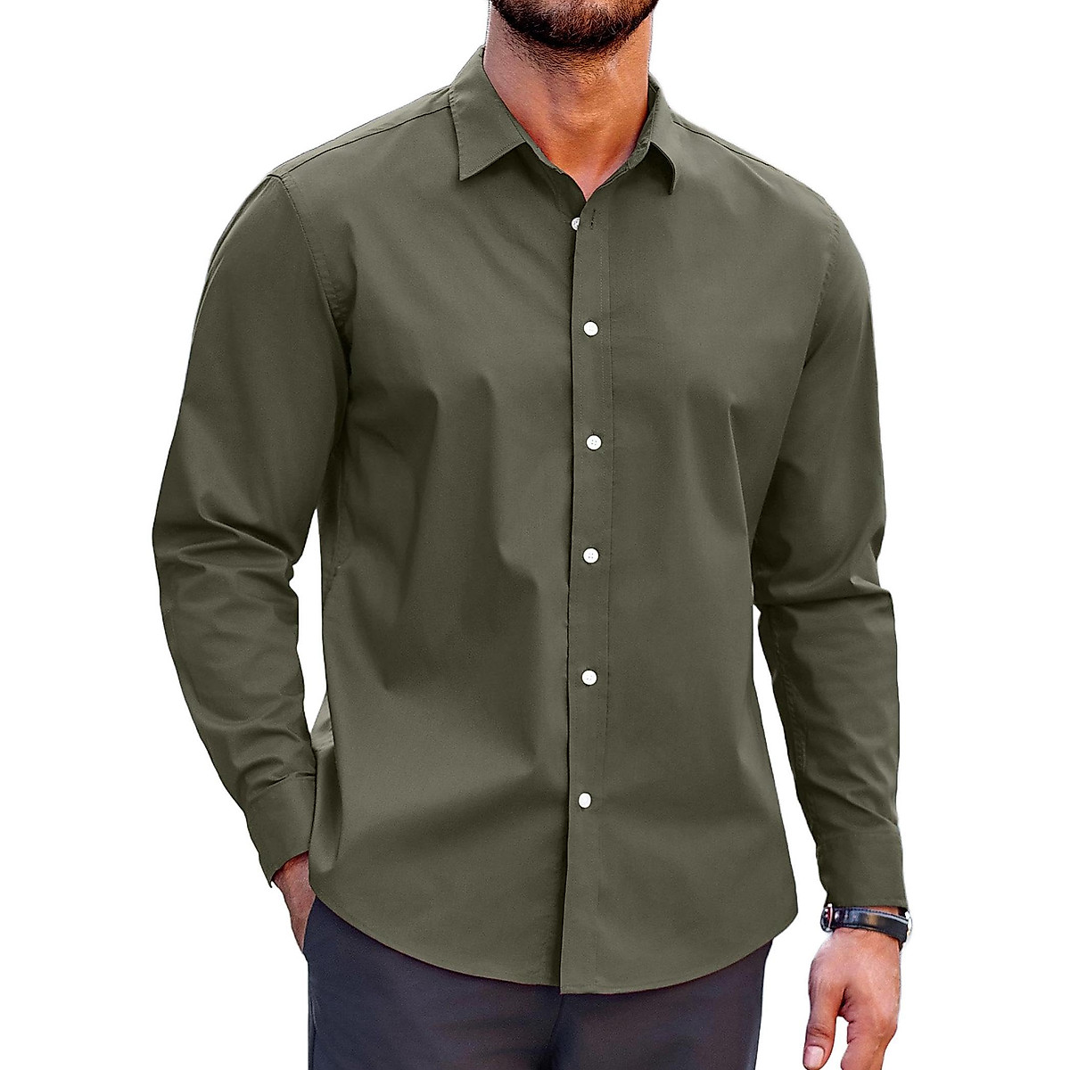COOFANDY Men's Slim Fit Button Down Shirt Long Sleeve Solid Dress Shirts Olive Green