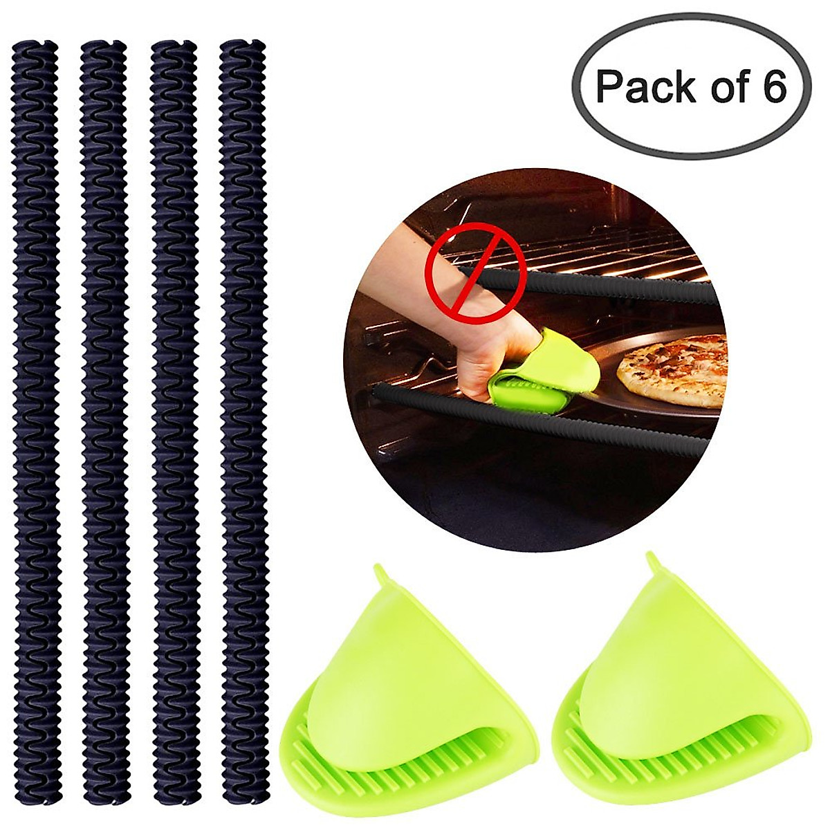 DanziX Oven Rack Shields, 4 Pack Silicone Oven Shelf Rack Guard Protector (Black) + 2 Mini Mitts (Green), 100% Certified BPA Free, Heat Resistant, Protect Against Burns and Scars