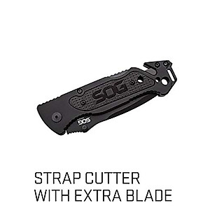 SOG Escape Tactical Folding Knife- 3.4 Inch Serrated Edge Blade Emergency Pocket Knife with Glass Breaker, Wire Stripper and Line Cutter Blades-Black (FF25-CP)
