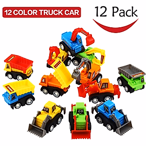12-Piece Mini Truck Toy Kit - Pull Back Construction Vehicles for Kids, Great Party Favors, Birthday Gifts, Classroom Rewards, and Stocking Stuffers
