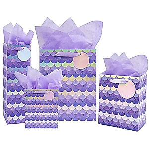 MAYPLUSS Gift Bags Set - 4 Pack - Purple & Silver Fish Scales With Purple Tissue Paper for Mermaid Party, Birthday, Wedding and more