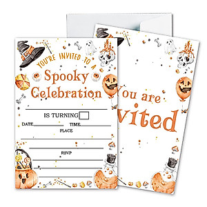 Deluxe Halloween or Costume Party Invitations, 25 Fill-in Cards with Envelopes, Pumpkin, Ghost, Monster, Cute Trick or Treat, Box or Treat for Kids Birthday or Adult party - 4"X6" (JRM347)