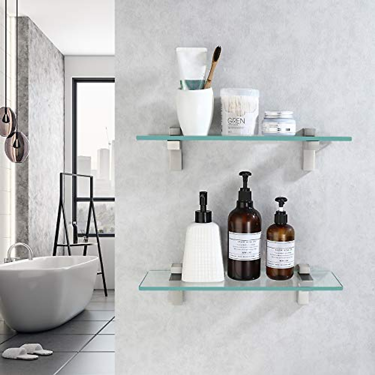 KES Glass Shelf for Bathroom, 15.8-Inch Bathroom Wall Shelf with Rectangle Tempered Glass and Brushed Nickel Bracket, Glass Bathroom Shelves 2 Pack, BGS3201S40-2-P2