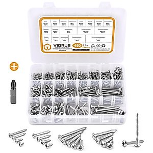 VIGRUE 460pcs Pan Head Philips Wood Screws, #4,#6,#8,#10,#12, 304 Stainless Steel Self Tapping Screw Assortment kit