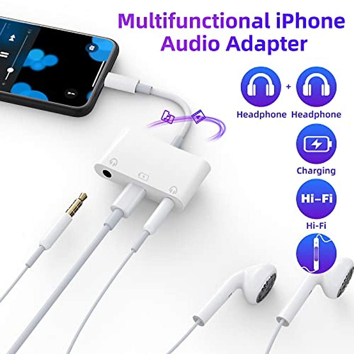 Steepower 3.5mm iPhone Headphone Splitterr,3 in 1 Dual 3.5mm Headphone Jack Adapter with Power Port,Compatible with iPhone 14/13/12/11/X/8/8plus/7/7plus/iPad-Support iOS 16