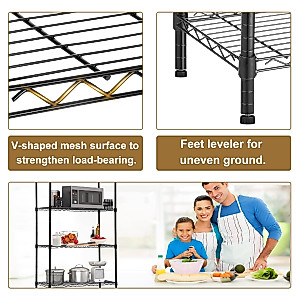 TYNB 5 Tier Steel Wire Shelf Metal Storage Rack NSF Commercial 14' D x 24' W x 60' H 750Lbs Adjustable Leveling Feet Wire Shelving Unit for Office Restaurant Kitchen Pantry Rack Black