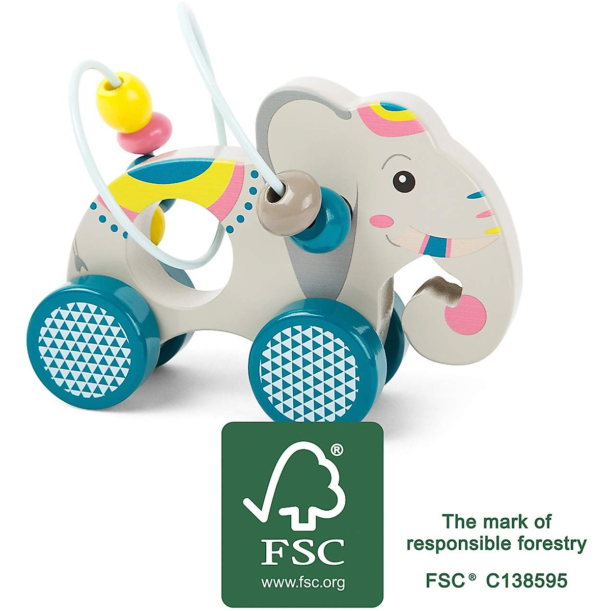 Small Foot Wooden Toys Push-Along Elephant with an Activity Loop & Beads Designed For Children 12+ Months