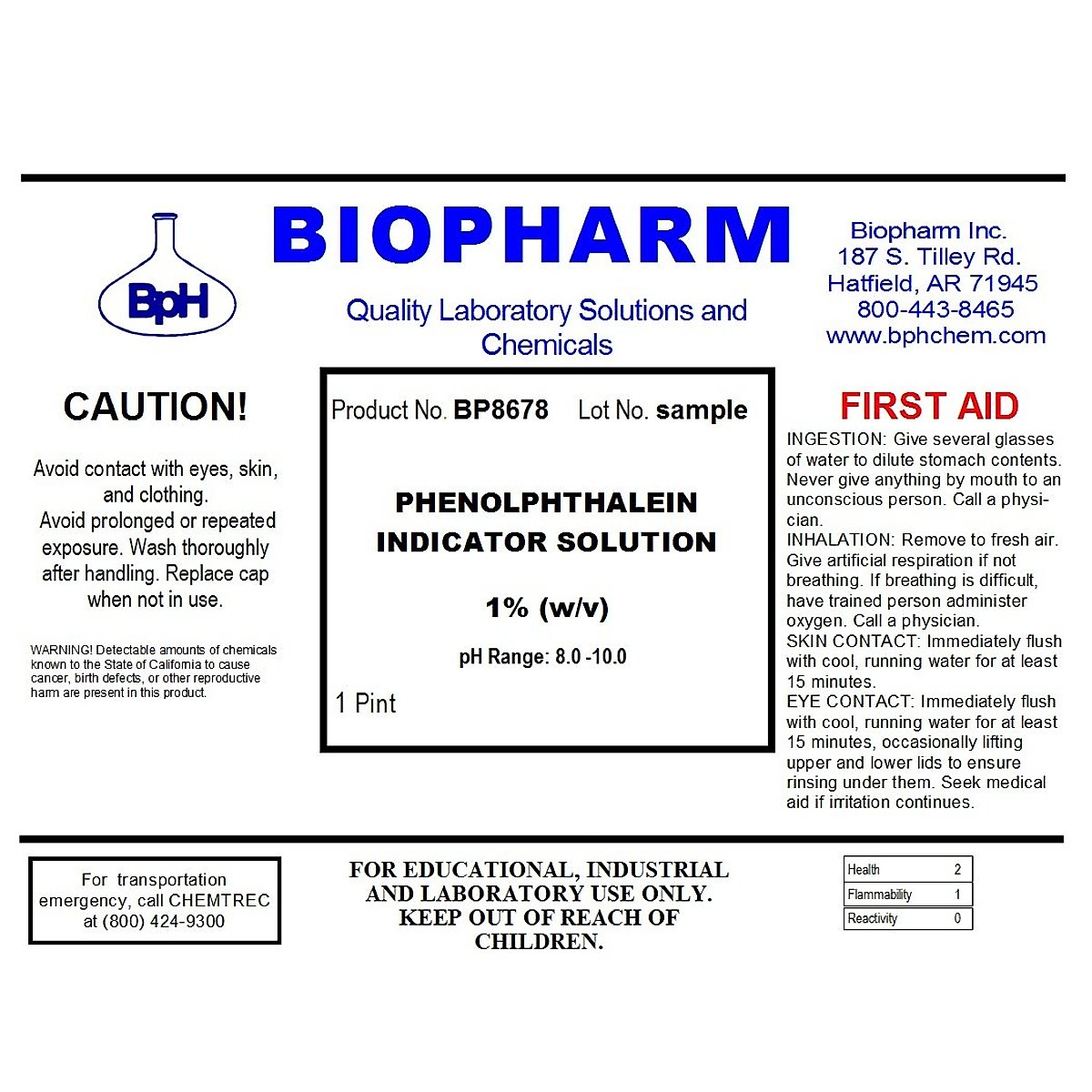 Phenolphthalein pH Indicator 1% Solution — One 500 mL (1.06 Pint) Bottle Plus 1 Dropper Bottle containing 50 ml of Solution