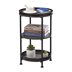 Dulcii Side Table, Round End Table with 3 Shelves for Living Room, Bedroom, Nightstand with Steel Frame for Small Spaces, Industrial Round Sofa Table, Outdoor Accent Coffee Table, Grey
