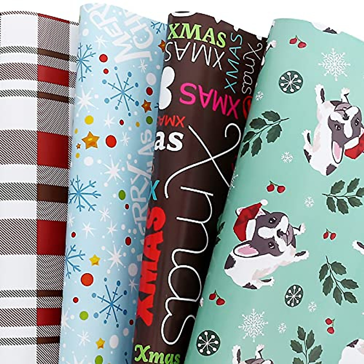 AUCLAY Christmas Wrapping Paper Sheets for Holiday Thanksgiving - Xmas Gift Wrap 4 Designs Red/Green Plaid, Snowflakes, Love, Dogs - Pack of 12, Folded Flat, 20 Inch X 29 Inch Per Sheet