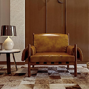 BAOMKONG Accent Leisure Chair,Vintage Chair with Solid Wood and Oil Wax Leather Upholstered,Armrest Chair for Living Room, Bedroom, Reading, Balcony,Brown