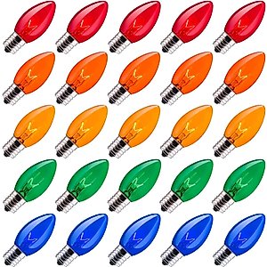 C9 Opaque Replacement Christmas Lights Bulbs Vintage Incandescent Red Green Blue White Orange Glass for Xmas String Lights Outdoor Indoor Holiday Decorations (E17 Base, 25 Count Multicolored)