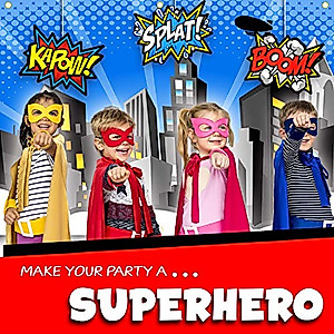 Bigtime Signs XL Superhero Backdrop with 6 Comic Action Word Photo Booth Props - Compliments Any Superhero Party Decorations - 4 x 6 ft - Cityscape Superhero Birthday Decorations Hangs on Wall Easily