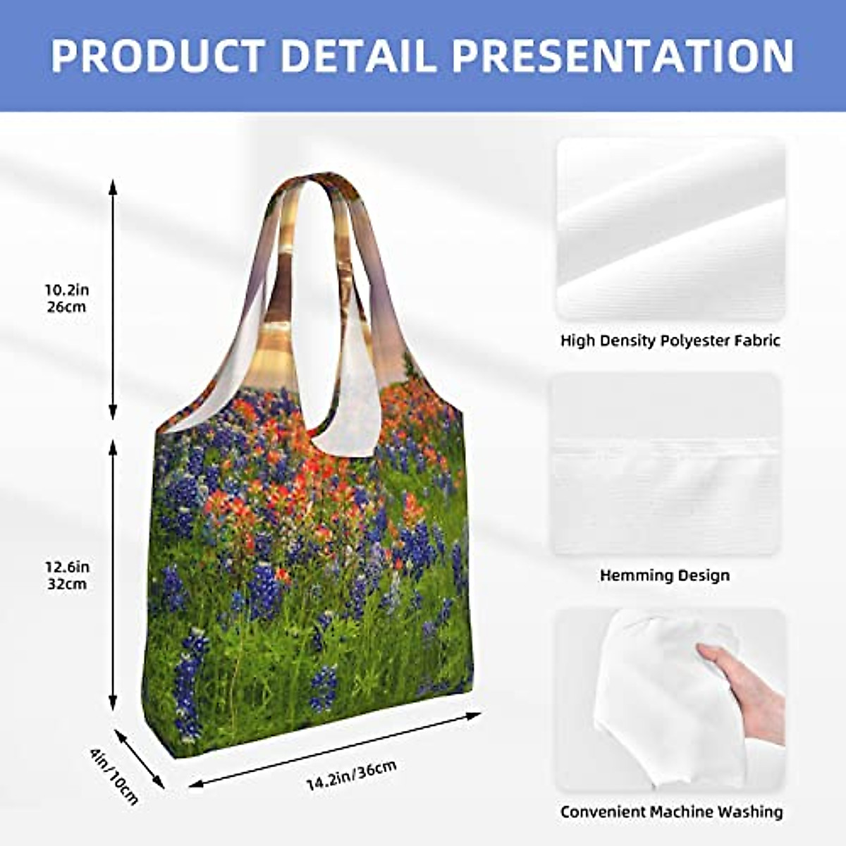 KIROJA Texas Bluebonnets Scenery Canvas Tote Bag,Eco Aesthetic Reusable Canvas Shopping Bags,Tote Bags For Women Shopping