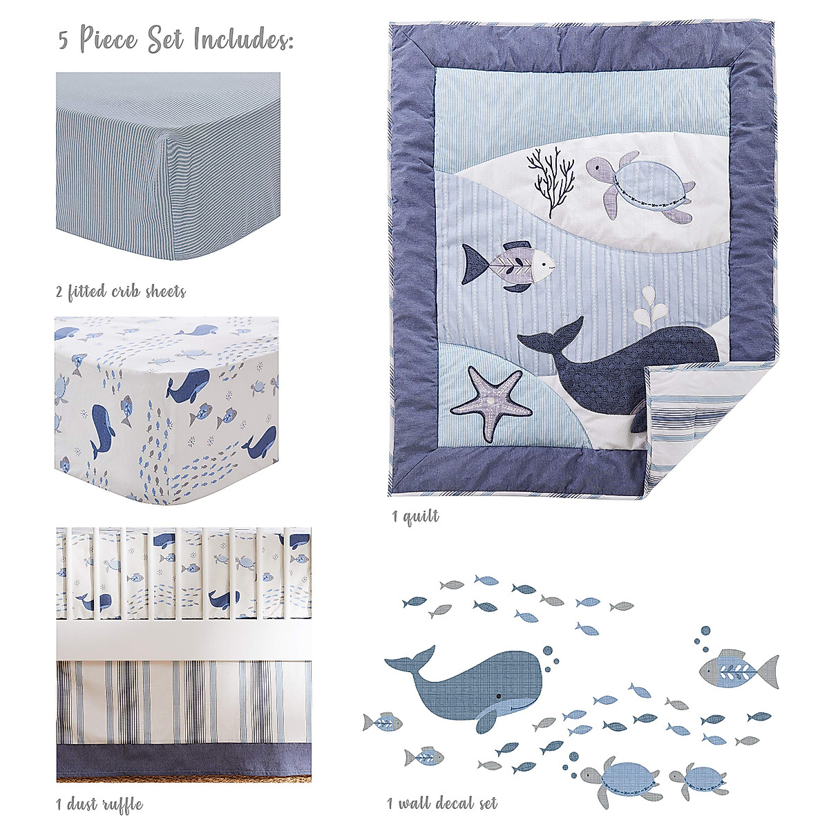 Levtex Baby - Boho Bay Crib Bed Set - Baby Nursery Set - Navy, Blue, Grey and White - Under The Sea - 5 Piece Set Includes Quilt, Two Fitted Sheets, Wall Decal & Skirt/Dust Ruffle