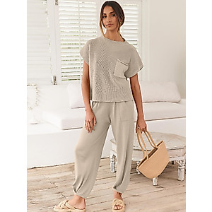 ANRABESS Women's Two Piece Outfits Knit Sweater Vest Crop Top Pants Lounge Matching Tracksuit Sweatsuit Travel Clothes Sets Khaki Small