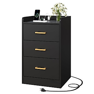 FOTOSOK Nightstands Set of 2 Black Nightstand with Charging Station, 3 Drawer Nightstand with Gold Handles, Black Nightstand for Bedroom, Modern Design End Side Table for Home, Office