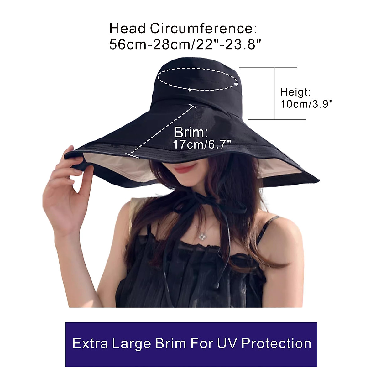 Packable Large Brim Sun Hat for Women - 6.7" Wide-Brim UV-Protection Women's-Sun-Beach-Hats with Strap Black