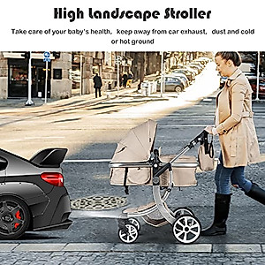 BABY JOY 2-in-1 High Landscape Baby Stroller, Reversible Bassinet Reclining Stroller, Foldable Push Chair w/Adjustable Canopy, Storage Bag, Foot Cover, Rain Cover & Net, Aluminum Alloy Frame (Beige)